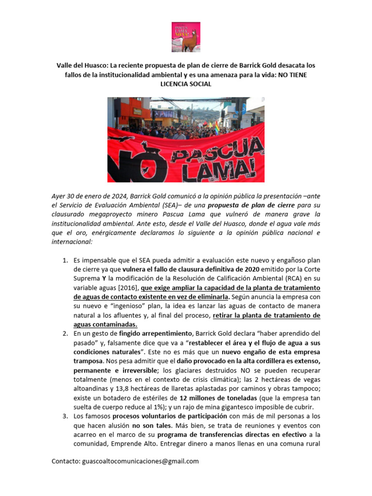 Comunicado EIA-Plan de Cierre Barrick 31.01.2024 PDF | PDF | Ciencias ...
