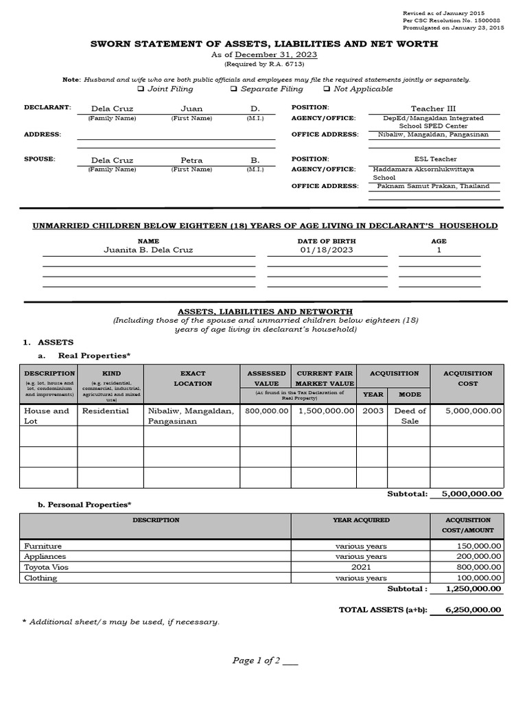 SALN Sample for Public Officials 2023 | PDF | Net Worth | Economies