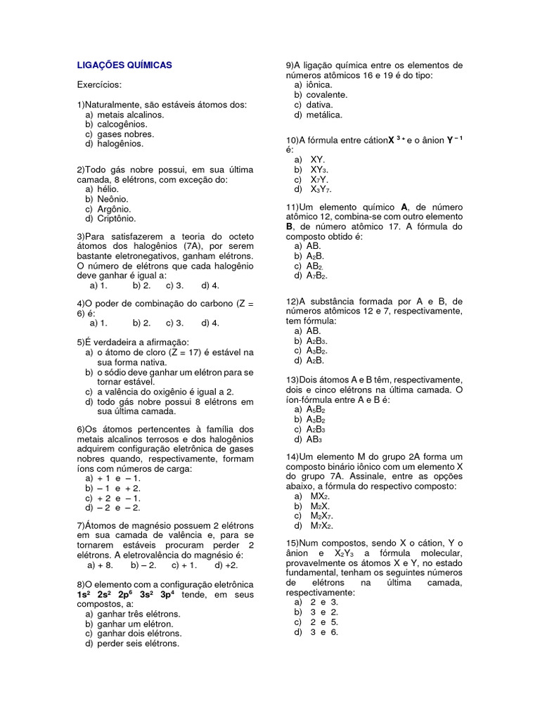 4 º Bim - LIGAÇÕES QUÍMICA - Exercicios | PDF | Ligação química | Moléculas