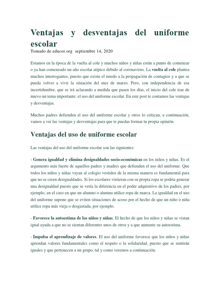 Pros y contras del uniforme escolar | PDF | Ropa | Desigualdad social