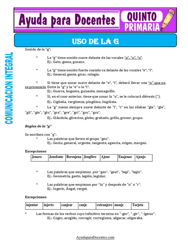 Fichas de Uso de La G para Quinto de Primaria | PDF