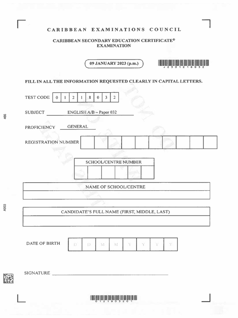 English A Paper 032 Jan 2023 Csec | PDF
