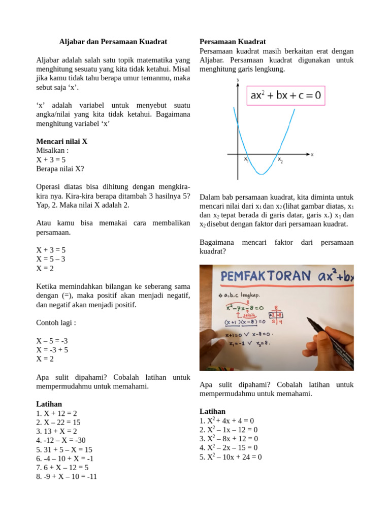 Latihan Aljabar Dan Persamaan Kuadrat | PDF