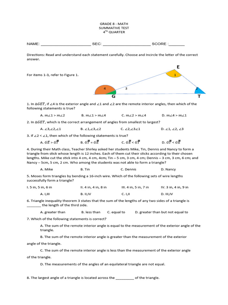 Math8 Summative Test q4 | PDF | Perpendicular | Elementary Geometry