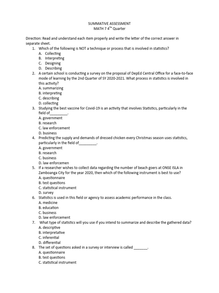 Grade 7 Math 4th Quarter Assessment | PDF | Variance | Survey Methodology