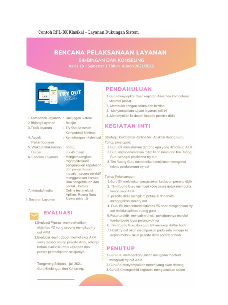 Contoh RPL BK KLASIKAL DUKUNGAN SISTEM | PDF