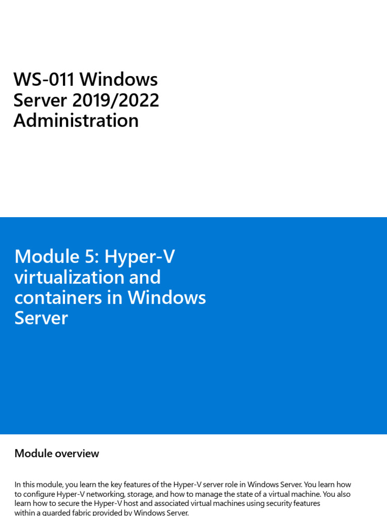 WS-011 Windows Server 2019/2022 Administration | PDF | Hyper V | Virtual Machine