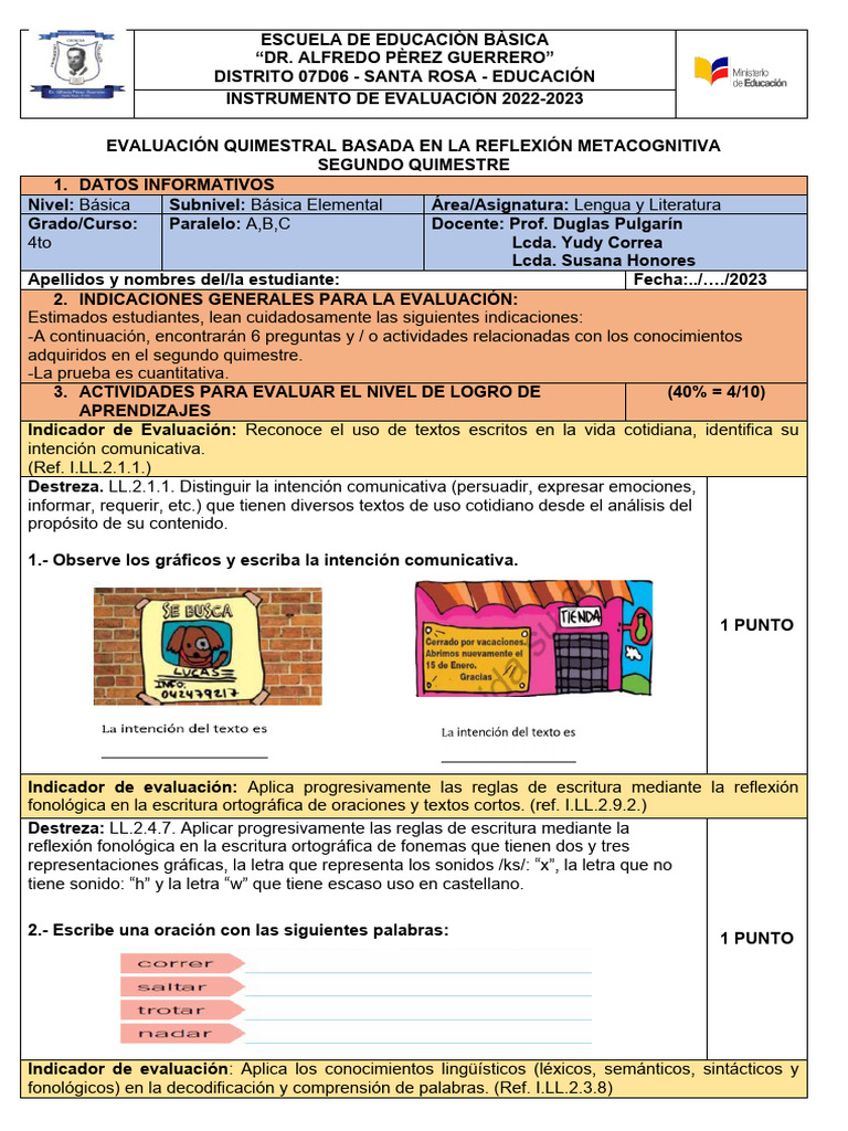 Evaluación 4to. Grado 2do. Q. | PDF | Educación primaria | Palabra