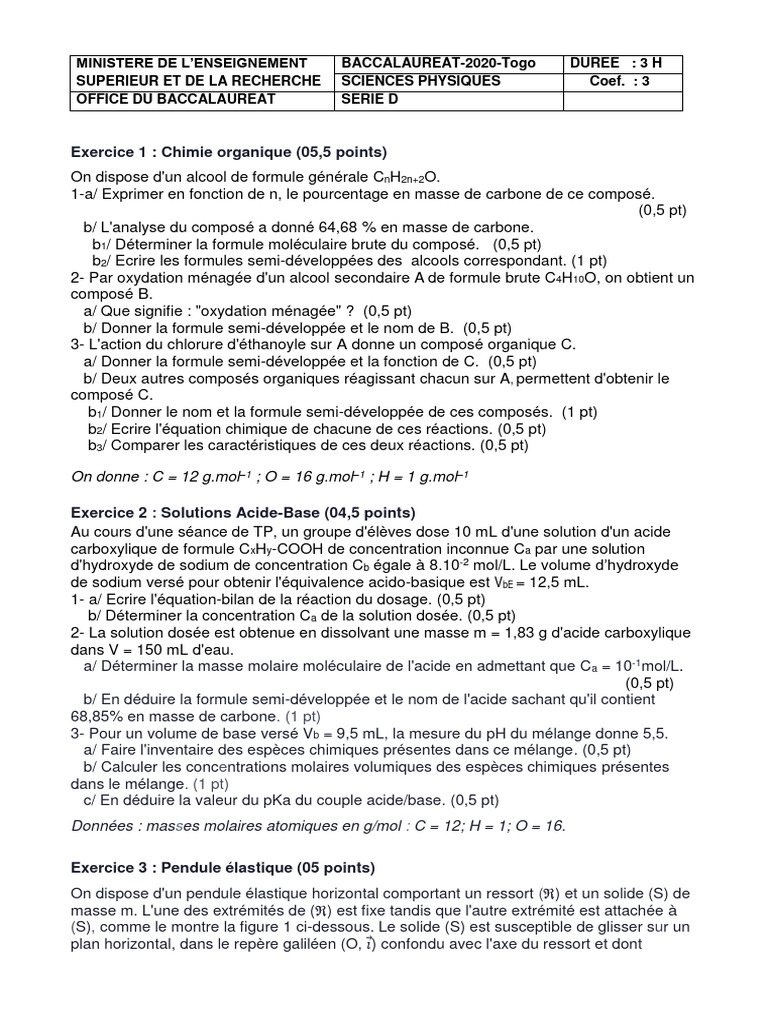 Bac 2020 Physique-Chimie Togo | PDF | Acide carboxylique | Sciences ...