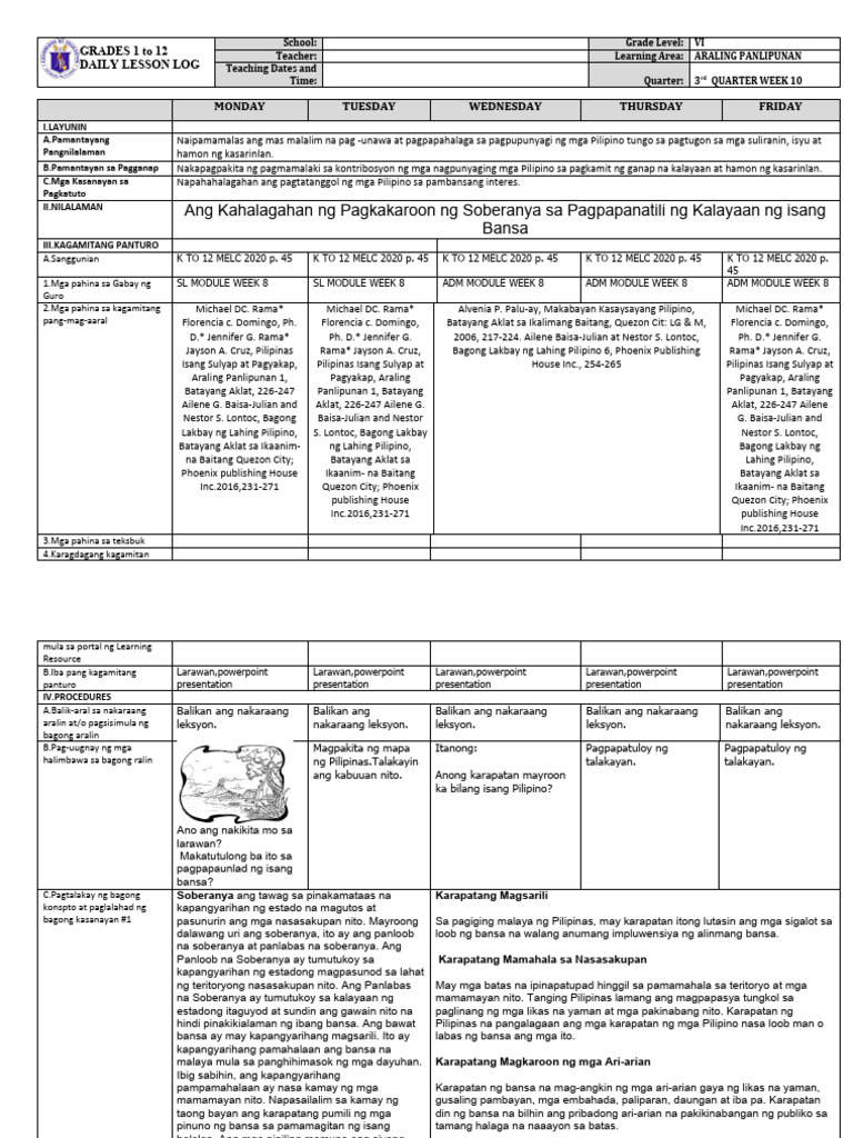 DLL - Araling Panlipunan 6 - Q3 - W10 | PDF
