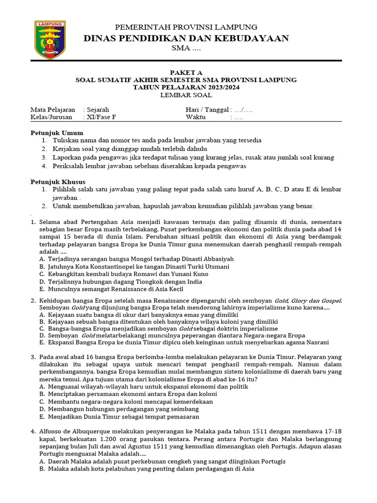Sejarah - XI - Kurmer2023 - Soal - Adi Setiawan | PDF