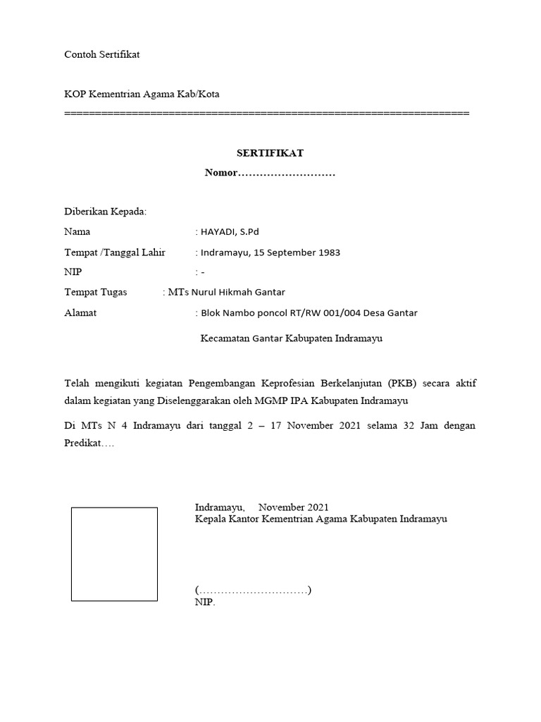 Contoh Sertifikat MGMP IPA Indramayu | PDF | Memasak, Makanan, & Anggur