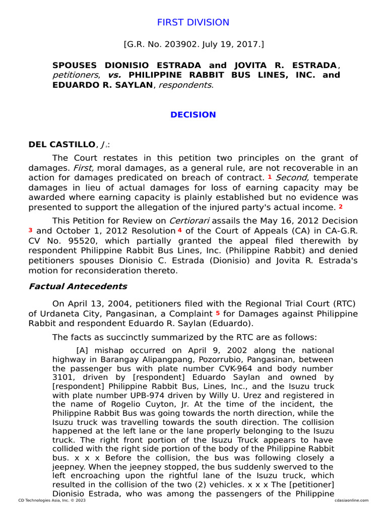 Spouses Estrada v. Philippine Rabbit Bus Lines, Inc. | PDF | Damages ...