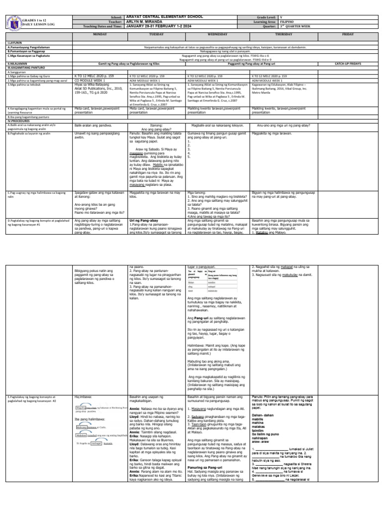 DLL - Filipino 5 - Q3 - W1 | PDF