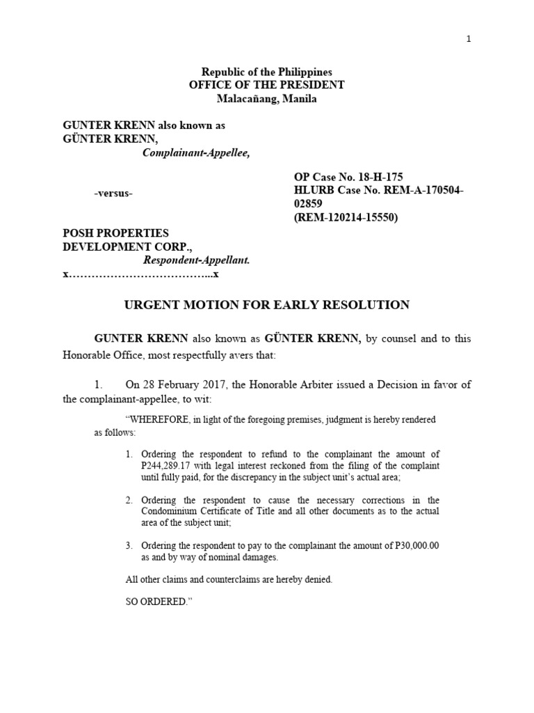 MOTION FOR EARLY RESOLUTION Krenn v. Posh New | PDF