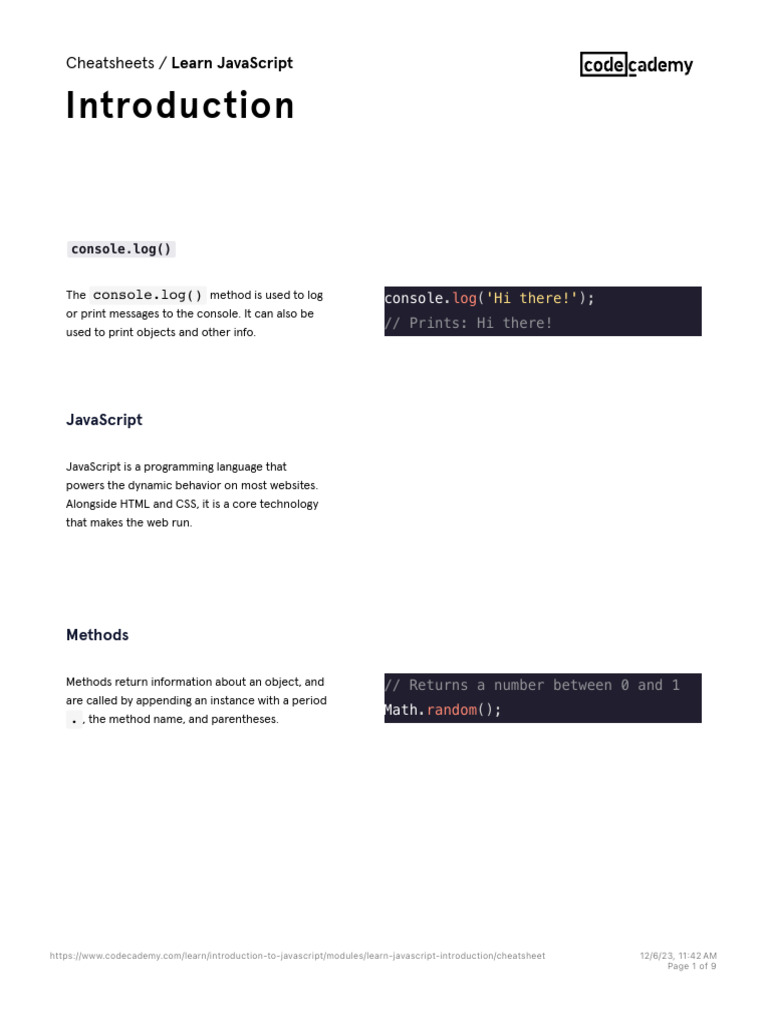 Learn JavaScript - Introduction Cheatsheet - Codecademy | Download Free PDF | Java Script ...