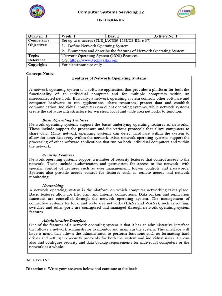 TLE-12 Q1 LAS CSS Wk1Day1 | PDF | Computer Network | Operating System