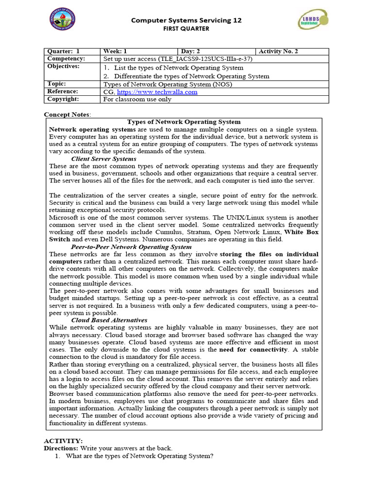 TLE-12 Q1 LAS CSS Wk1Day2 | PDF | Cloud Computing | Peer To Peer