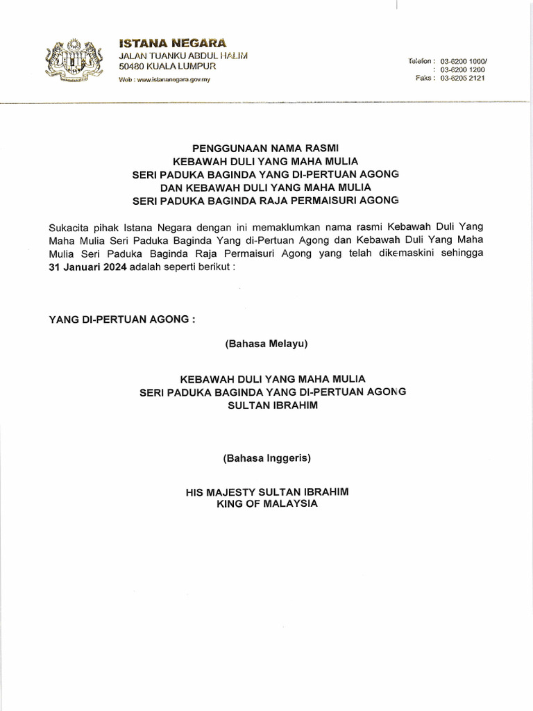 Nama Rasmi Seri Paduka Baginda Yang Di-Pertuan Agong Xvii Sehingga 31 ...