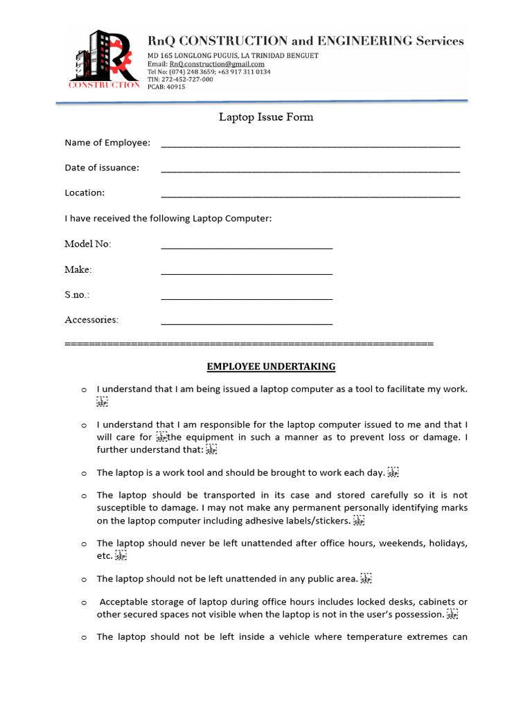 Laptop Issue Form | PDF | Laptop | Employment