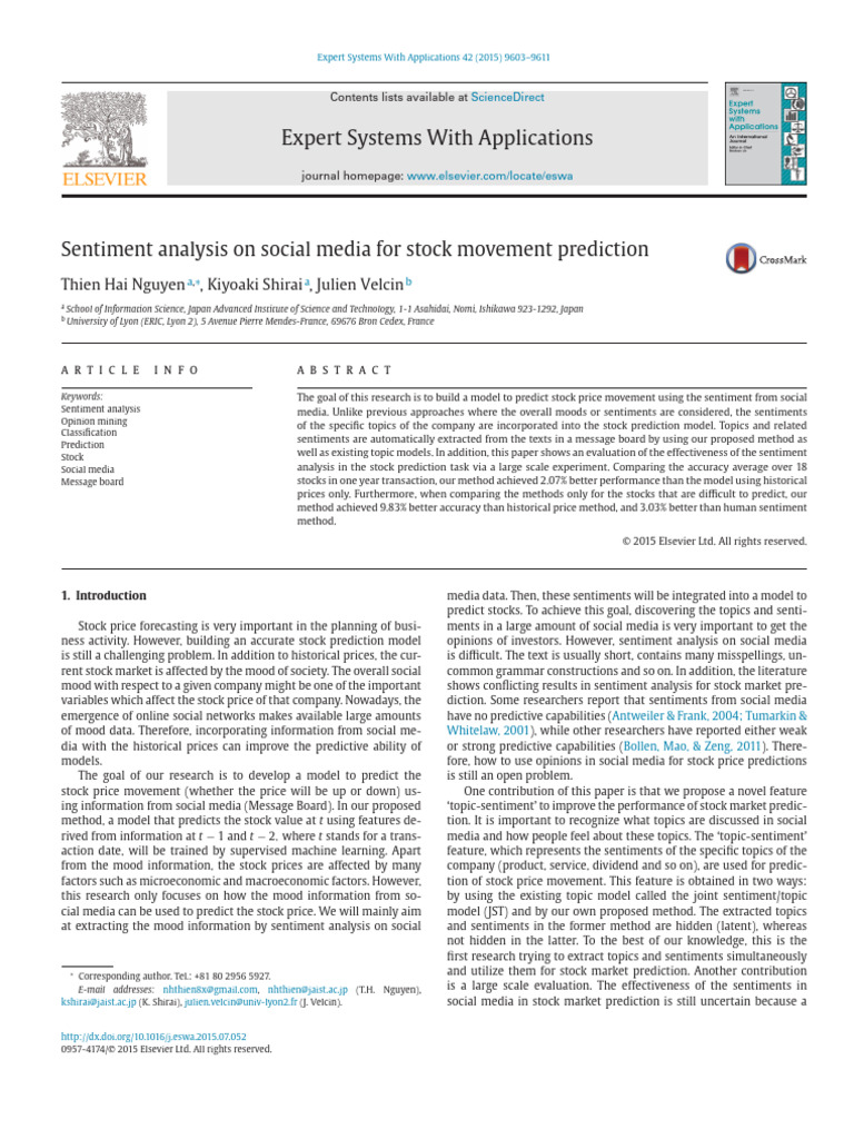 2015 Sentiment Analysis On Social Media For Stock Movement Prediction Pdf Prediction