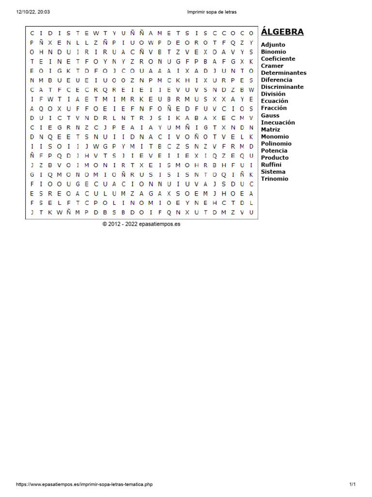 Sopa de Letras de Álgebra y Matemáticas | PDF | Objetos matemáticos ...