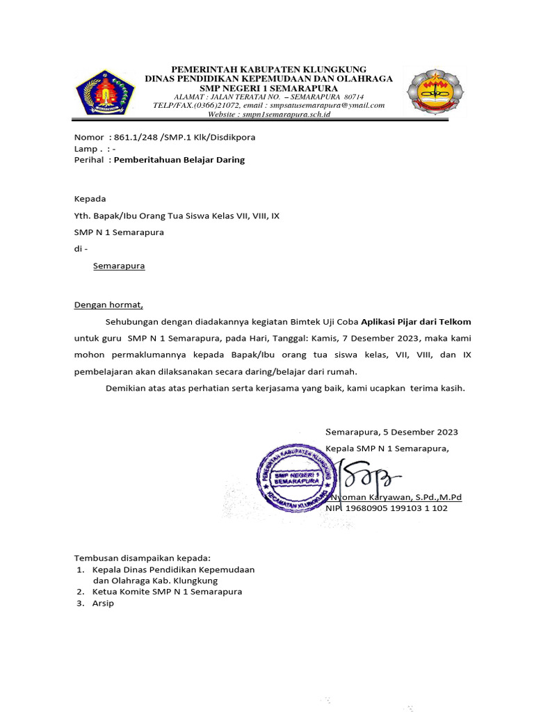 Surat Ortu Siswa Pemberitahuan Belajar Daring | PDF