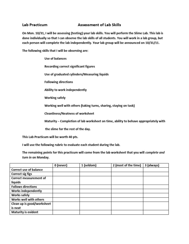 Lab Practicum Assessment of Lab Skills | PDF
