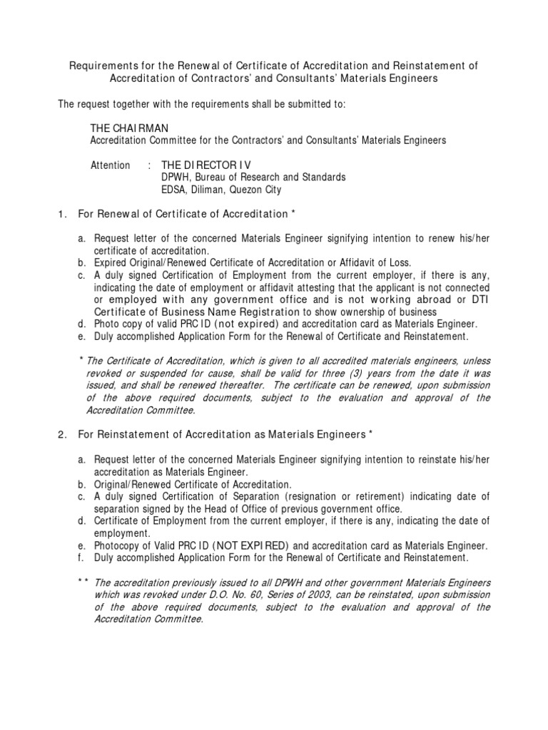 Requirements For The Renewal of Certificate of Accreditation and ...