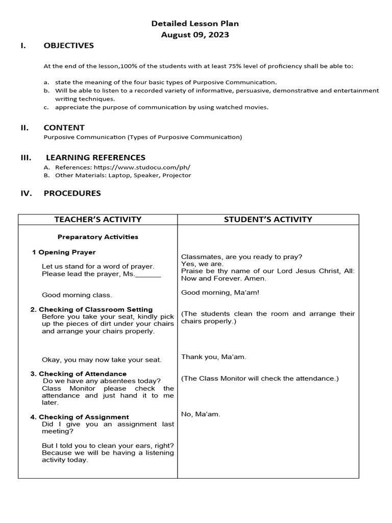 Lesson Plan For Purposive Communication | PDF | Essays | Prayer