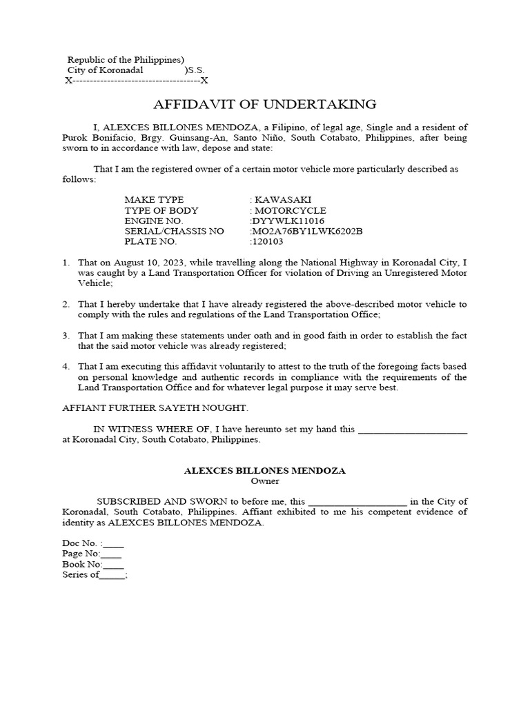 Affidavit of Undertaking for MV Registration | PDF