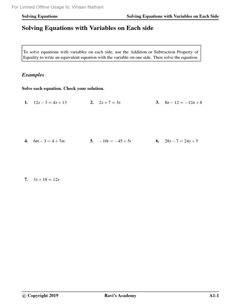 Solving Equations With Variables On Each Side | PDF | Equations ...