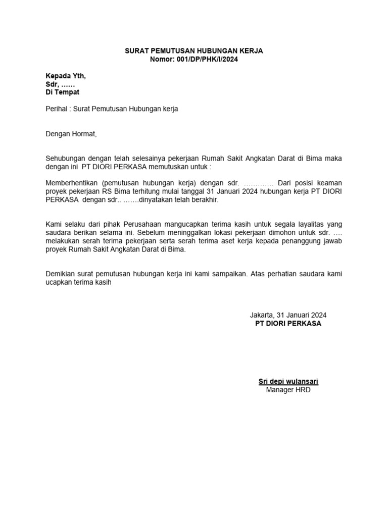 Surat Pemutusan Hubungan Kerja | PDF
