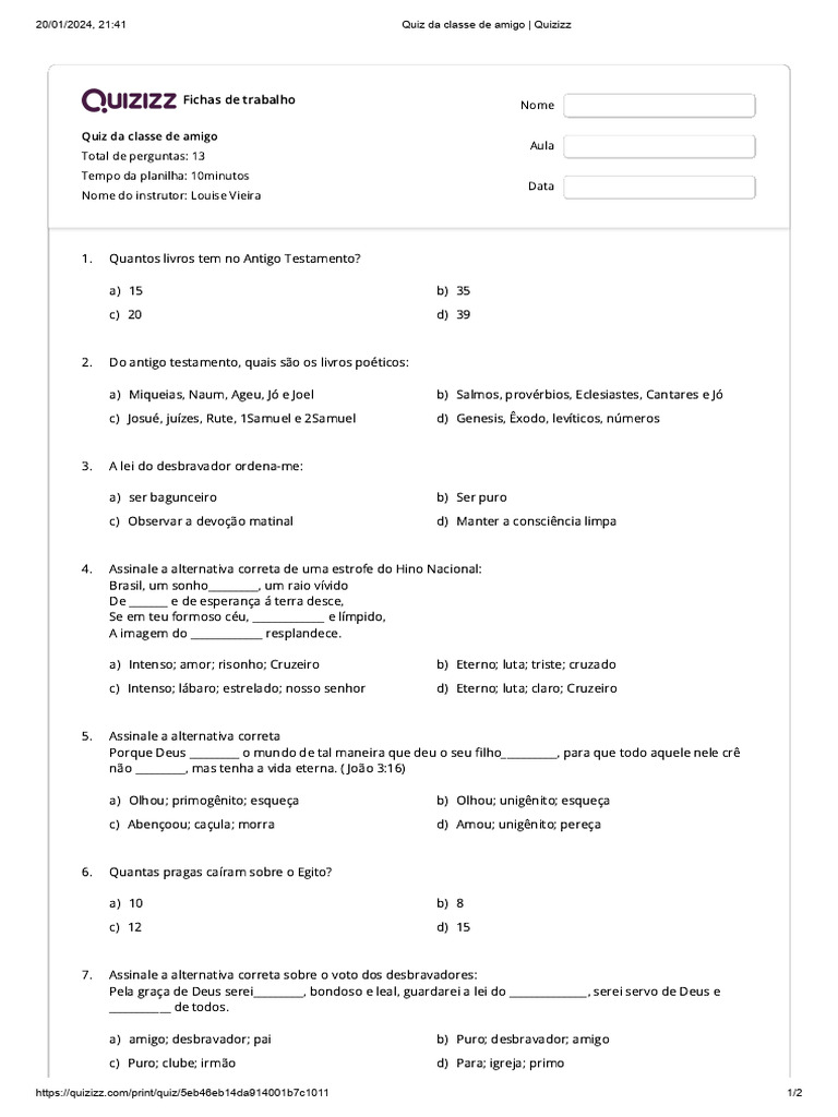 Quiz Da Classe de Amigo - Quizizz | PDF