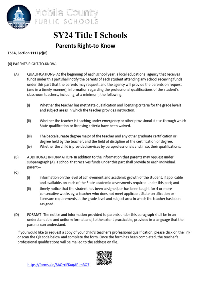 Parent's Right To Know Title I Schools | PDF | Teachers | Professional ...