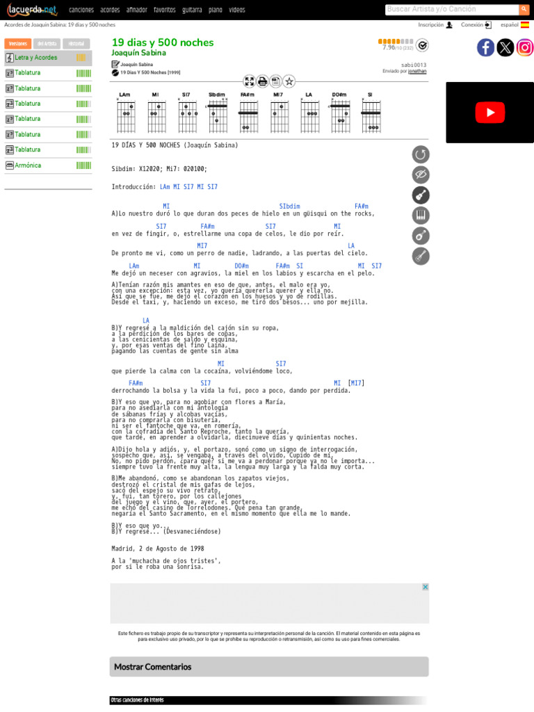 19 DIAS Y 500 NOCHES, Joaquín Sabina - Acordes | PDF