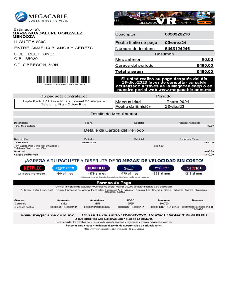Recibo de Pago Megacable Enero 2024 | PDF | México | Minoristas de ...