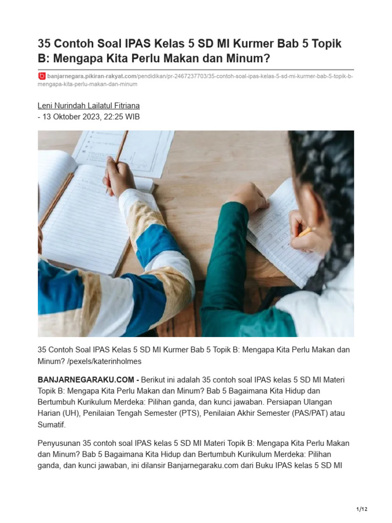 35 Contoh Soal IPAS Kelas 5 SD MI Kurmer Bab 5 Topik B Mengapa Kita Perlu Makan Dan Minum | PDF