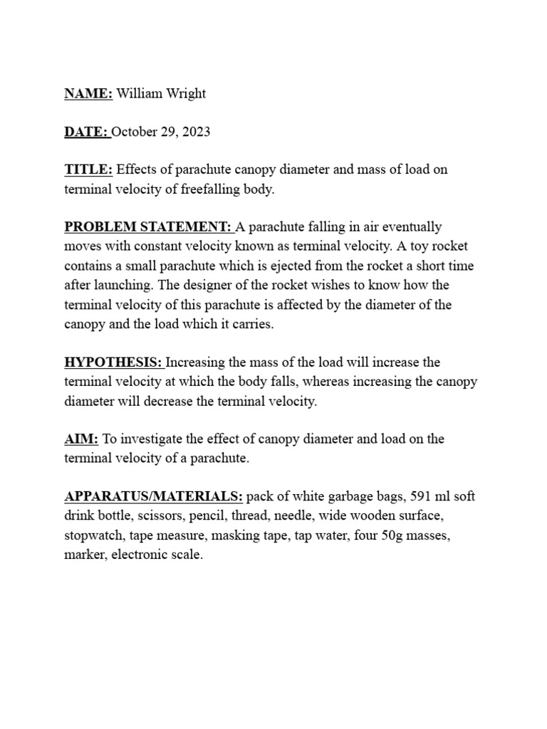 Cape Physics Lab #4 - Planning and Designing - Terminal Velocity of A Parachute | PDF ...