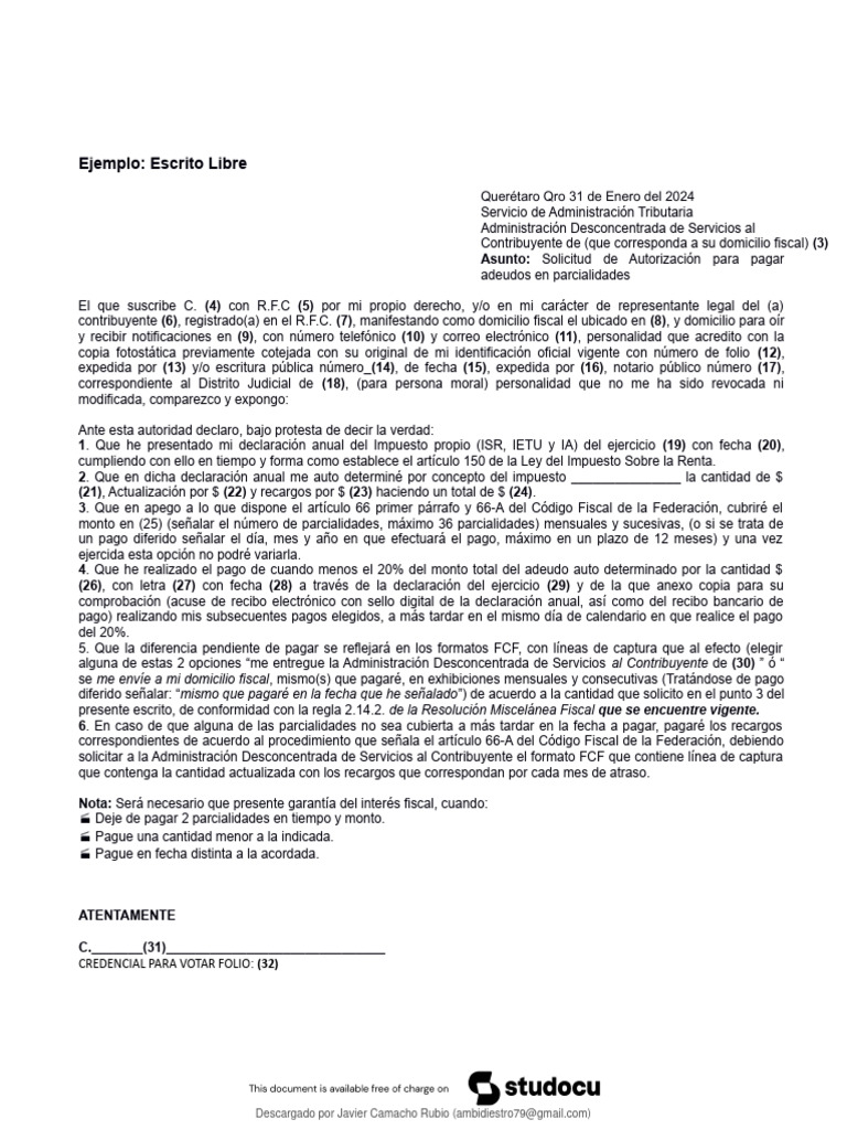 Escrito Libre Sat | PDF | Impuesto sobre la renta | Impuestos