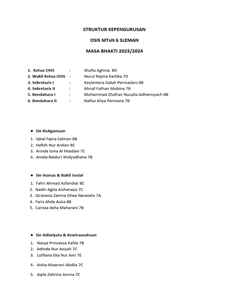 Struktur Kepengurusan Osis 2023-2024 | PDF Struktur Kepengurusan Osis 2023-2024 | PDF