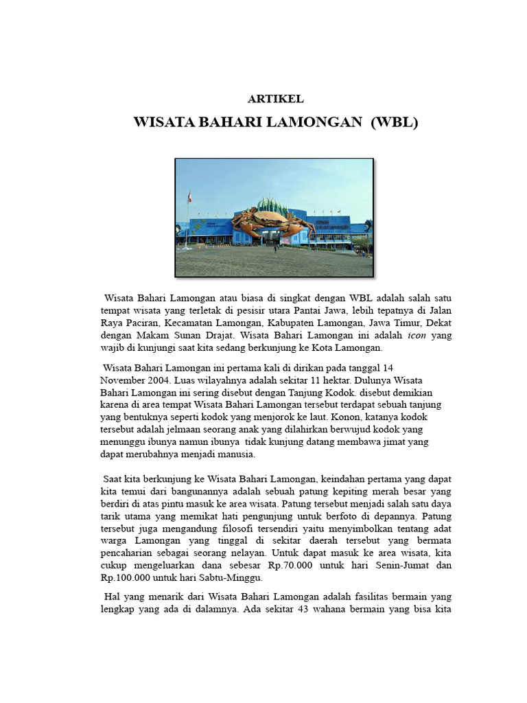 Wisata Bahari Lamongan WBL Sekolah Tingg | PDF