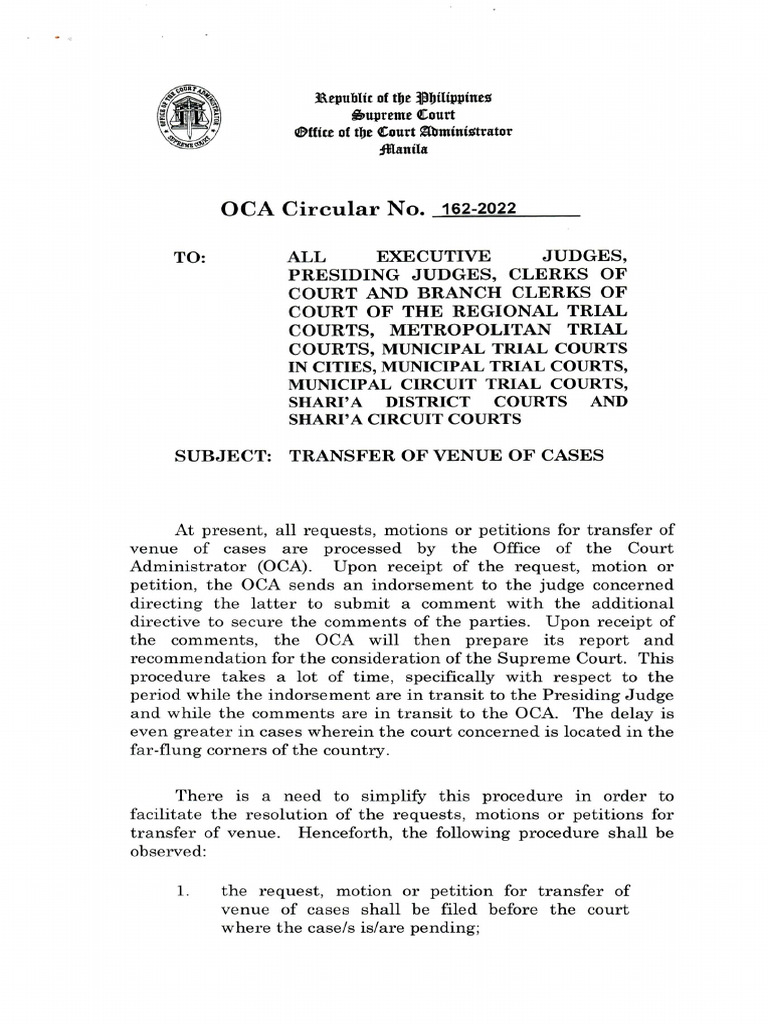 Transfer of Venue of Cases - OCA Circular No. 162-2022 | PDF | Judge ...