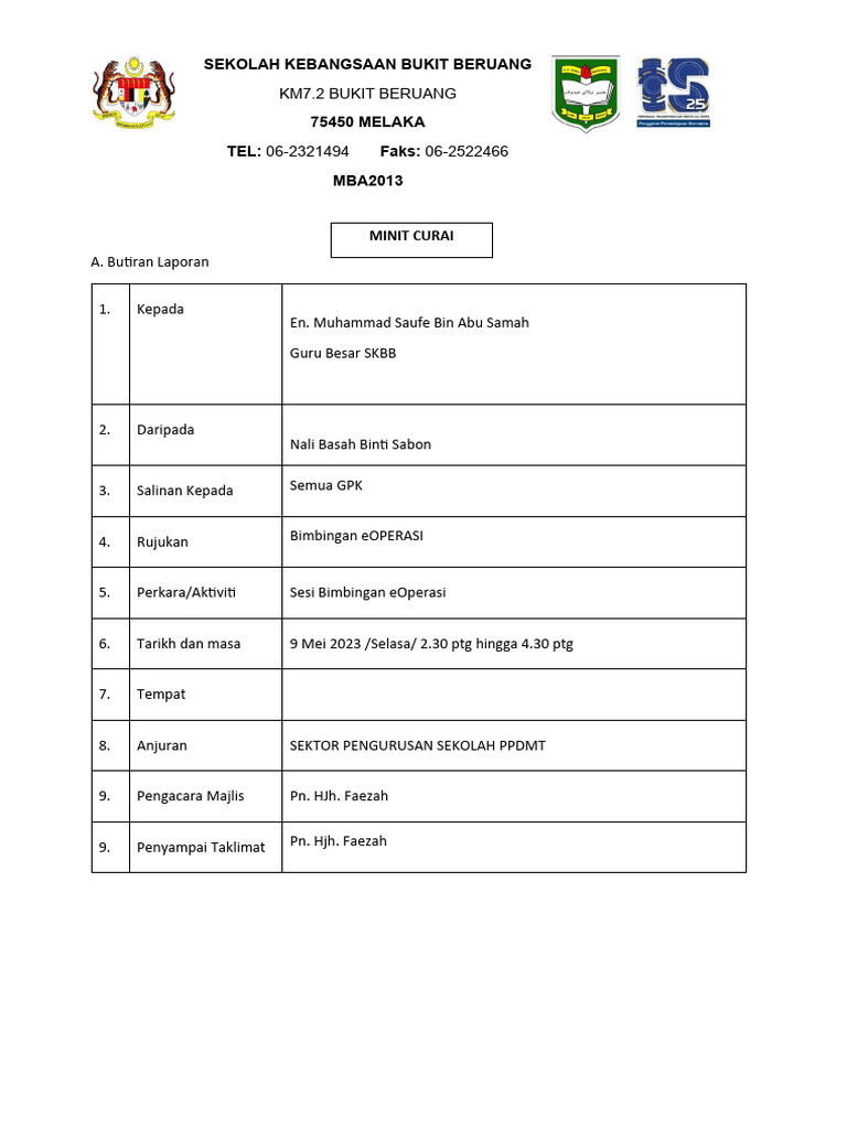 Contoh Minit Curai Taklimat | PDF