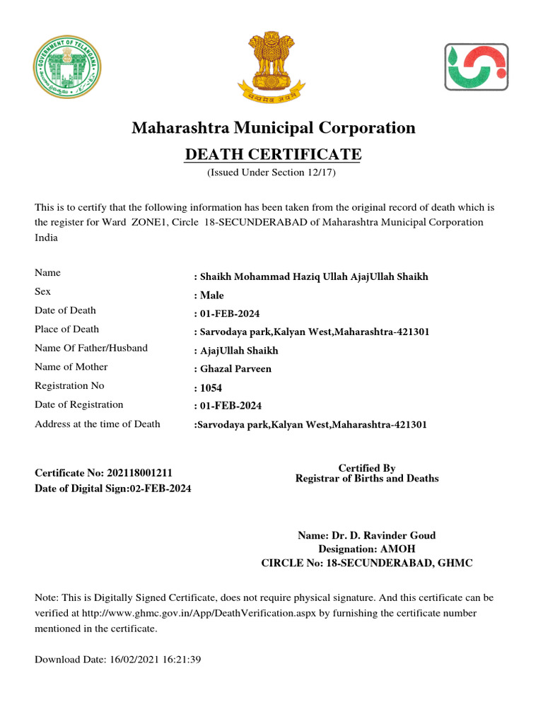 Mumbai Death Certificate Format 2024 | PDF