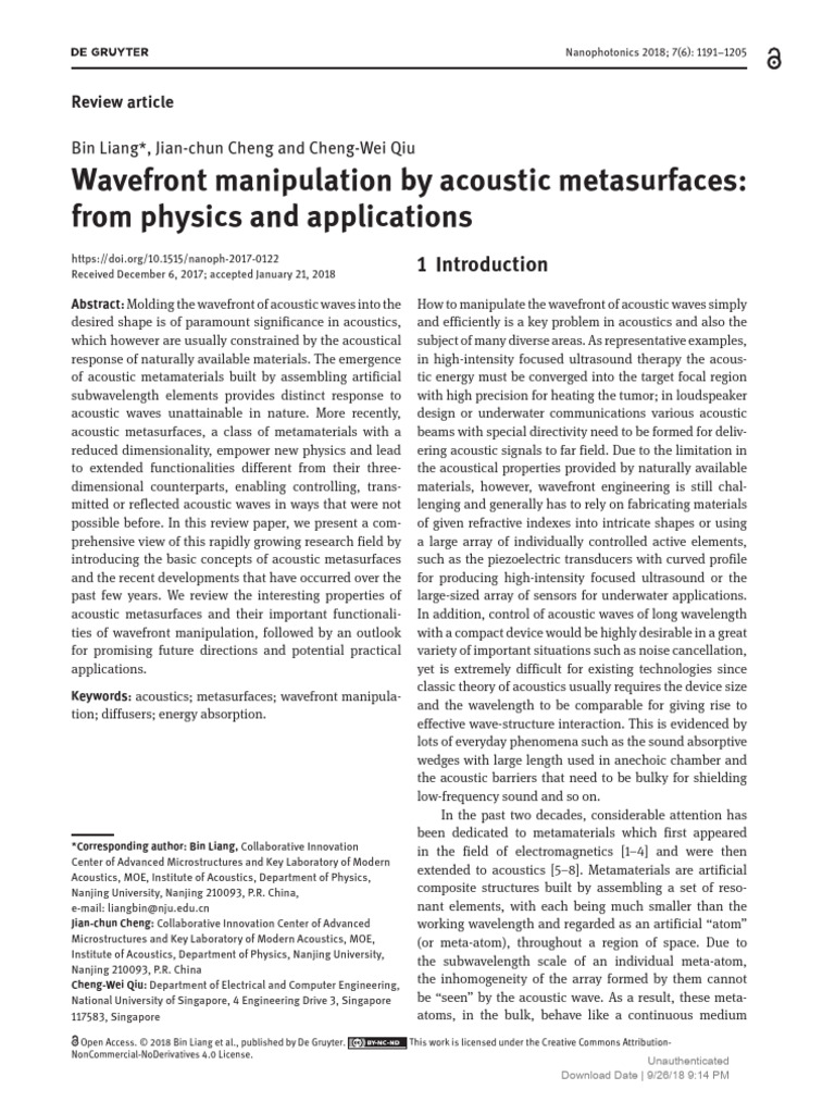 Bin Liang 2018 Wavefront Manipulation By Acoustic Metasurfaces Pdf Waves Metamaterial