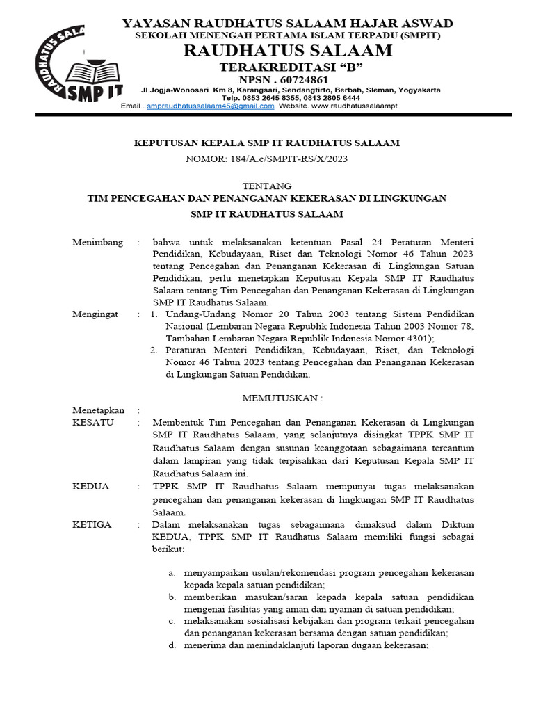 Lampiran 2 - Contoh SK Kepala Satuan Pendidikan Pembentukan TPPK | PDF ...