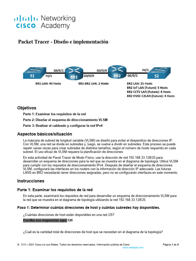 11.10.2 Packet Tracer - Design and Implement A VLSM Addressing Scheme - Physical Mode | PDF ...