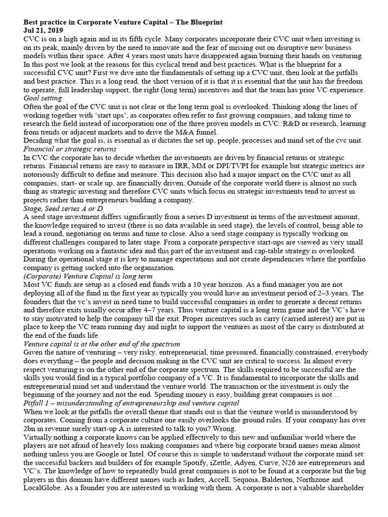 Best Practice in Corporate Venture Capital - The Blueprint | PDF | Venture Capital | Corporate ...