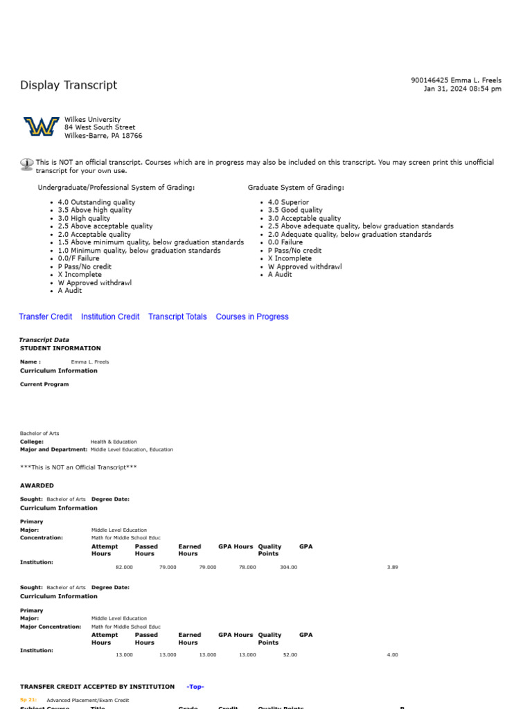 Wilkes University Unofficial Transcript | PDF | Bachelor's Degree | Academic Degree